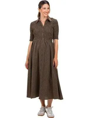 PINKBLUSH Gingham Smocked Button Down Midi Dress - Brown