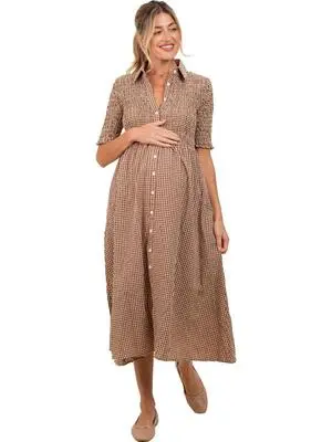 PINKBLUSH Gingham Smocked Button Down Midi Dress - Mocha