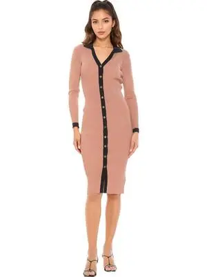 ALEXIA ADMOR Collared Long Sleeve Knit Midi Dress - Camel