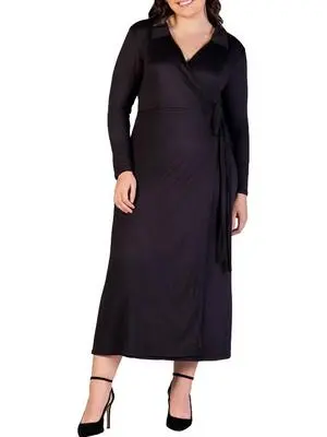 24SEVEN COMFORT APPAREL Collared Long Sleeve Wrap Front Maxi Dress - Black