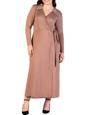 24SEVEN COMFORT APPAREL 24seven Comfort Apparel Collared Long Sleeve Wrap Front Maxi Dress Mocha
