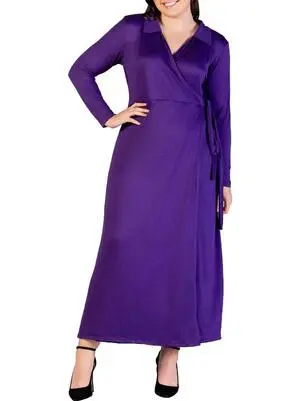 24SEVEN COMFORT APPAREL 24seven Comfort Apparel Collared Long Sleeve Wrap Front Maxi Dress Purple