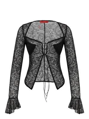 PCFG Long Sleeve Lace Top With Tie Detail - Black