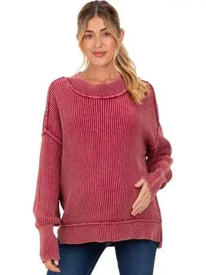 PINKBLUSH Oversized Maternity Sweater With Side Slits - Burgundy