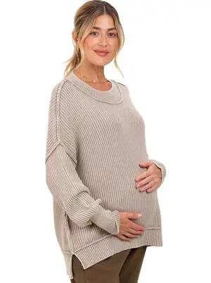 PINKBLUSH Oversized Maternity Sweater With Side Slits - Mocha