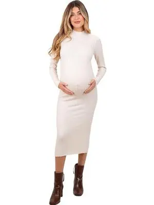 PINKBLUSH Ribbed Mock Neck Sweater Dress - Beige