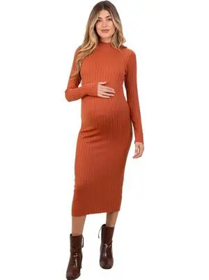 PINKBLUSH Ribbed Mock Neck Sweater Dress - Rust