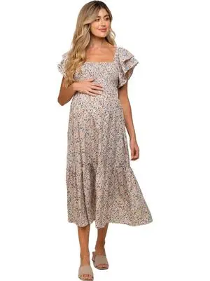 PINKBLUSH Floral Flutter Maternity Midi Dress - Cream