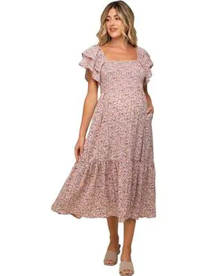PINKBLUSH Floral Flutter Maternity Midi Dress - Light Pink