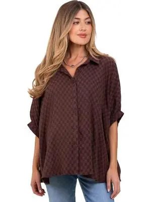 PINKBLUSH Checker Print Short Sleeve Blouse - Brown