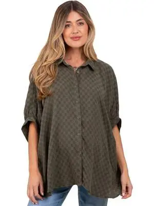 PINKBLUSH Checker Print Short Sleeve Blouse - Olive Green