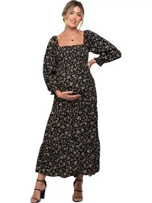 PINKBLUSH Floral Smocked Long Sleeve Maxi Dress - Black