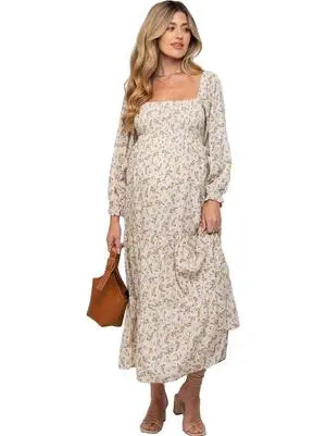 PINKBLUSH Floral Smocked Long Sleeve Maxi Dress - Cream