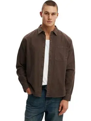 COTTON ON Lewis Long Sleeve Shirt - Washed Chocolate