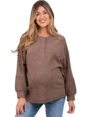 PINKBLUSH Oversized Ribbed Knit Henley Sweater Mocha