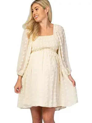 PINKBLUSH Textured Dot Smocked Square Neck Chiffon Dress - Beige