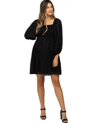 PINKBLUSH Textured Dot Smocked Square Neck Chiffon Dress - Black