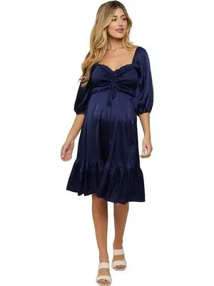 PINKBLUSH Satin Smocked Ruffle Hem Maternity Dress - Navy Blue
