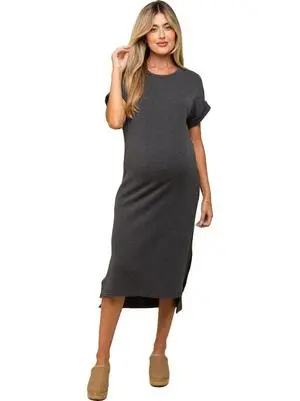 PINKBLUSH Ribbed Short Sleeve Maternity Midi Dress - Charcoal Grey