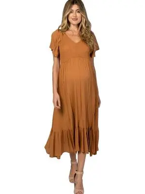 PINKBLUSH Smocked V-neck Maternity Midi Dress - Brown