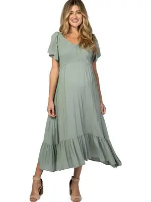 PINKBLUSH Smocked V-neck Maternity Midi Dress - Olive Green