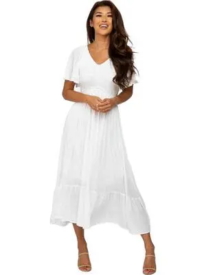 PINKBLUSH Smocked V-neck Maternity Midi Dress - White