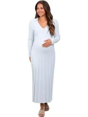 PINKBLUSH Ribbed Knit Collared Midi Dress - Light Blue