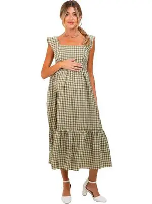 PINKBLUSH Gingham Ruffle Strap Maternity Midi Dress - Olive Green