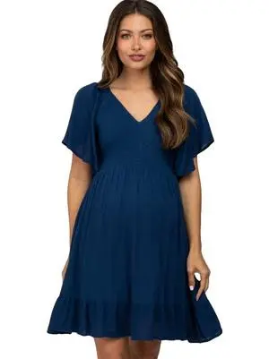 PINKBLUSH Smocked Front Ruffle Hem Dress - Navy Blue