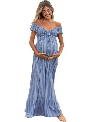PINKBLUSH Striped Off Shoulder Maternity Maxi Dress - Blue
