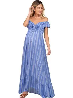 PINKBLUSH Striped Off Shoulder Maternity Maxi Dress - Blue