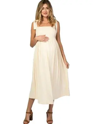 PINKBLUSH Smocked Tie Strap Midi Dress - Beige