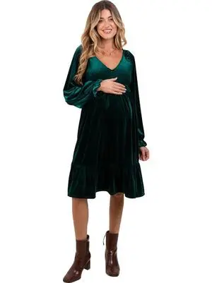 PINKBLUSH Velvet Smocked Long Sleeve Dress - Forest Green