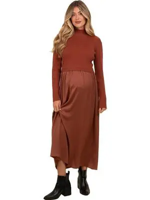 PINKBLUSH Knit Contrast Top Satin Midi Dress - Brown