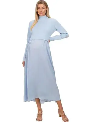 PINKBLUSH Knit Contrast Top Satin Midi Dress - Light Blue