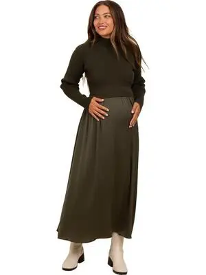 PINKBLUSH Knit Contrast Top Satin Midi Dress - Olive Green