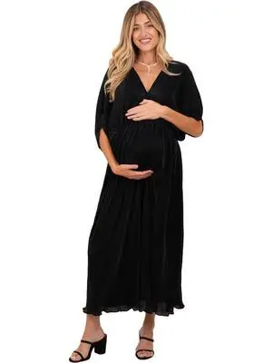PINKBLUSH Pleated Satin Dolman Sleeve Maxi Dress - Black