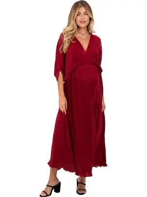 PINKBLUSH Pleated Satin Dolman Sleeve Maxi Dress - Burgundy