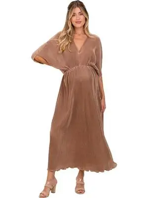 PINKBLUSH Pleated Satin Dolman Sleeve Maxi Dress - Mocha