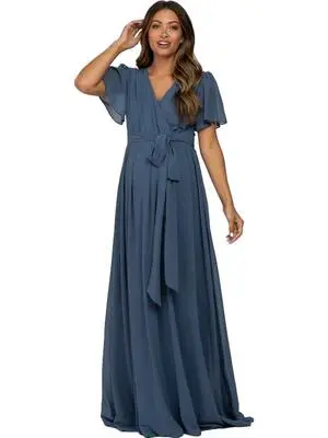 PINKBLUSH Chiffon Short Sleeve Maxi Dress - Blue