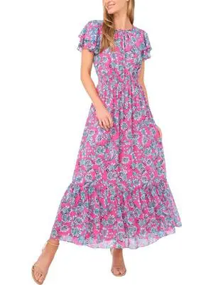 CECE DUPRAZ Floral Print Ruffle Maxi Dress - Legacy Pink
