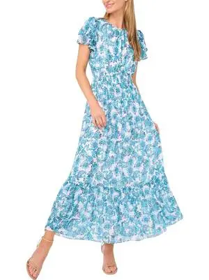 CECE DUPRAZ Floral Print Ruffle Maxi Dress - Ultra White