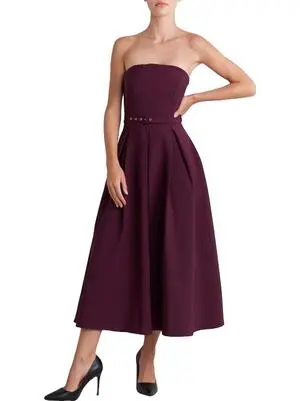 FREEMARKET Belted Strapless Midi Dress - Burgundy