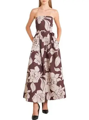 FREEMARKET Printed Strapless Midi Dress - Burgundy