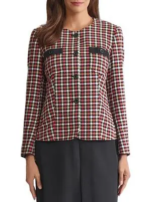 KASPER Collarless Houndstooth Blazer - Black/fire Red Mlt
