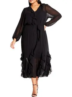 City Chic Bridgette Tie Belt Long Sleeve Maxi Dress - Black