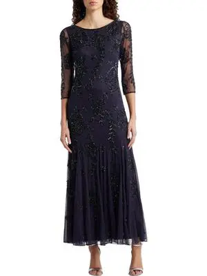 Pisarro Nights Beaded Floral Mesh Gown - Slate 421