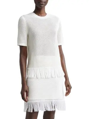 FERRAGAMO Open Knit Fringe Virgin Wool Sweater - White