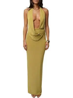 JLUXLABEL Dawn Drape Halter Maxi Dress Green
