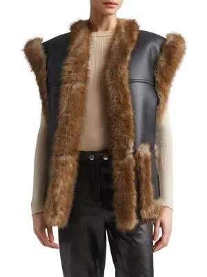 STAND STUDIO Cassia Reversible Faux Leather & Faux Fur Vest - Black/brown